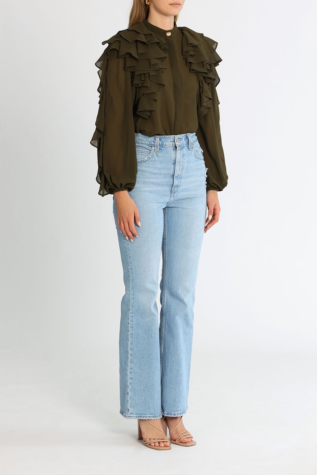 Hire Cascade Ruffle Sleeve Shirt in Khaki | AJE | GlamCorner