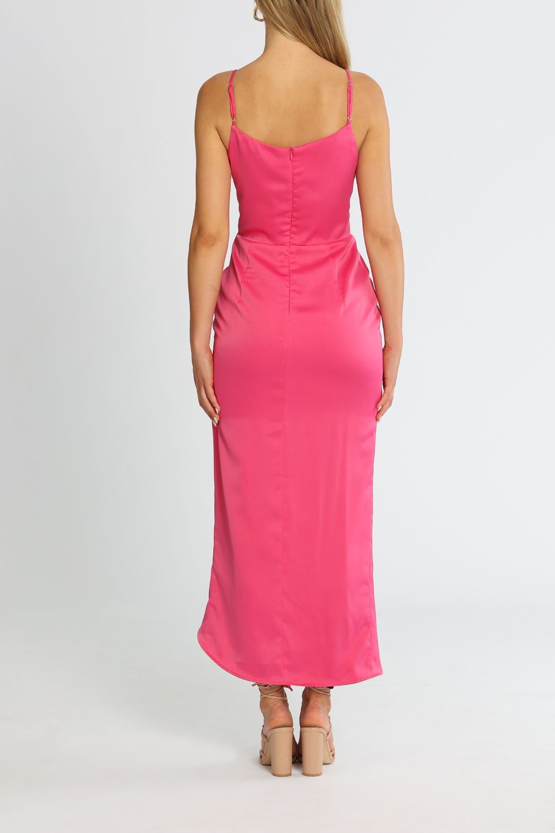 Hire Gathered Waist Midi Dress in Pink Punch | Elle Zeitoune | GlamCorner