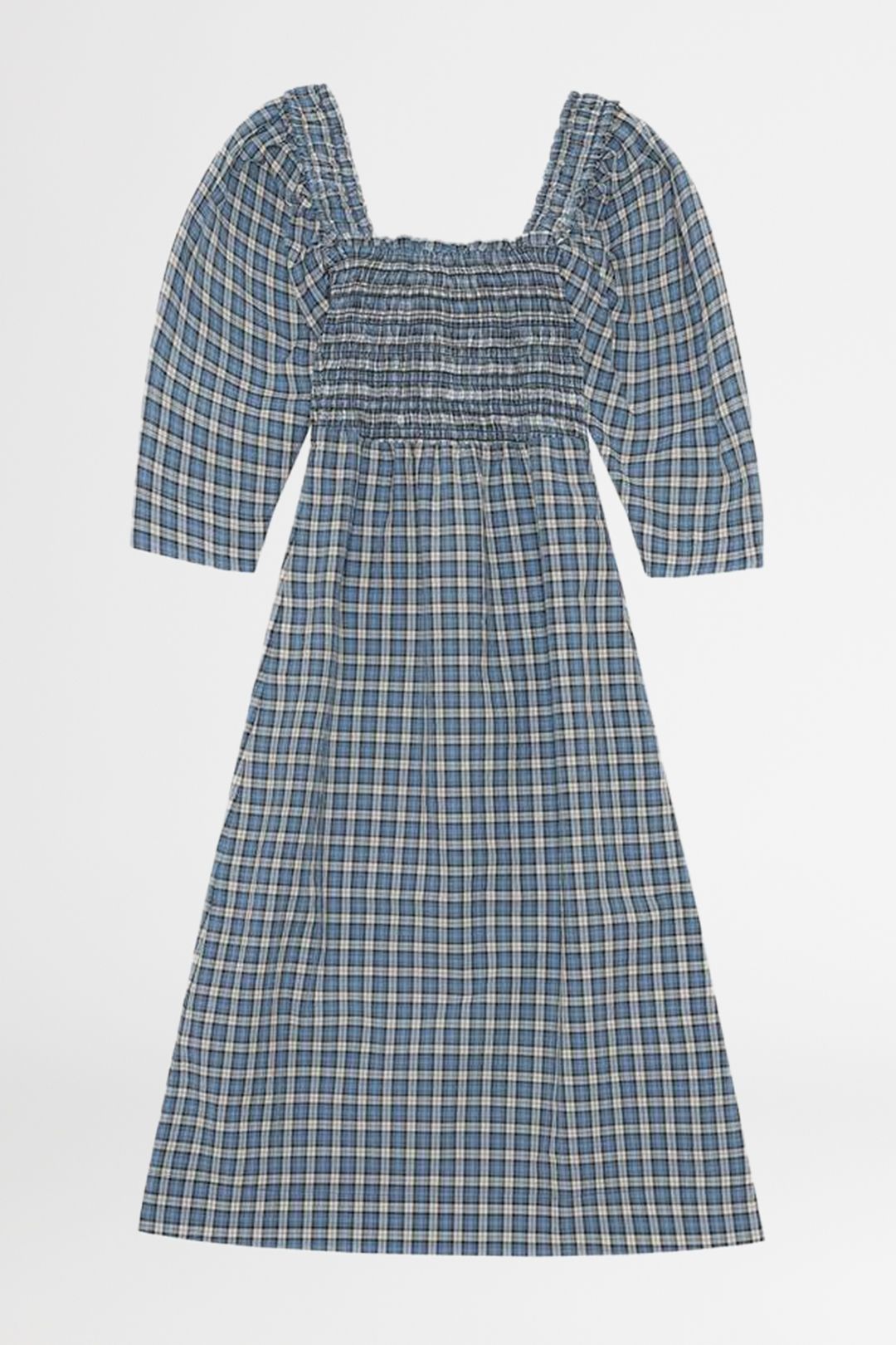 Hire Seersucker Midi Dress With Ruching in Check Azure Blue | Ganni ...