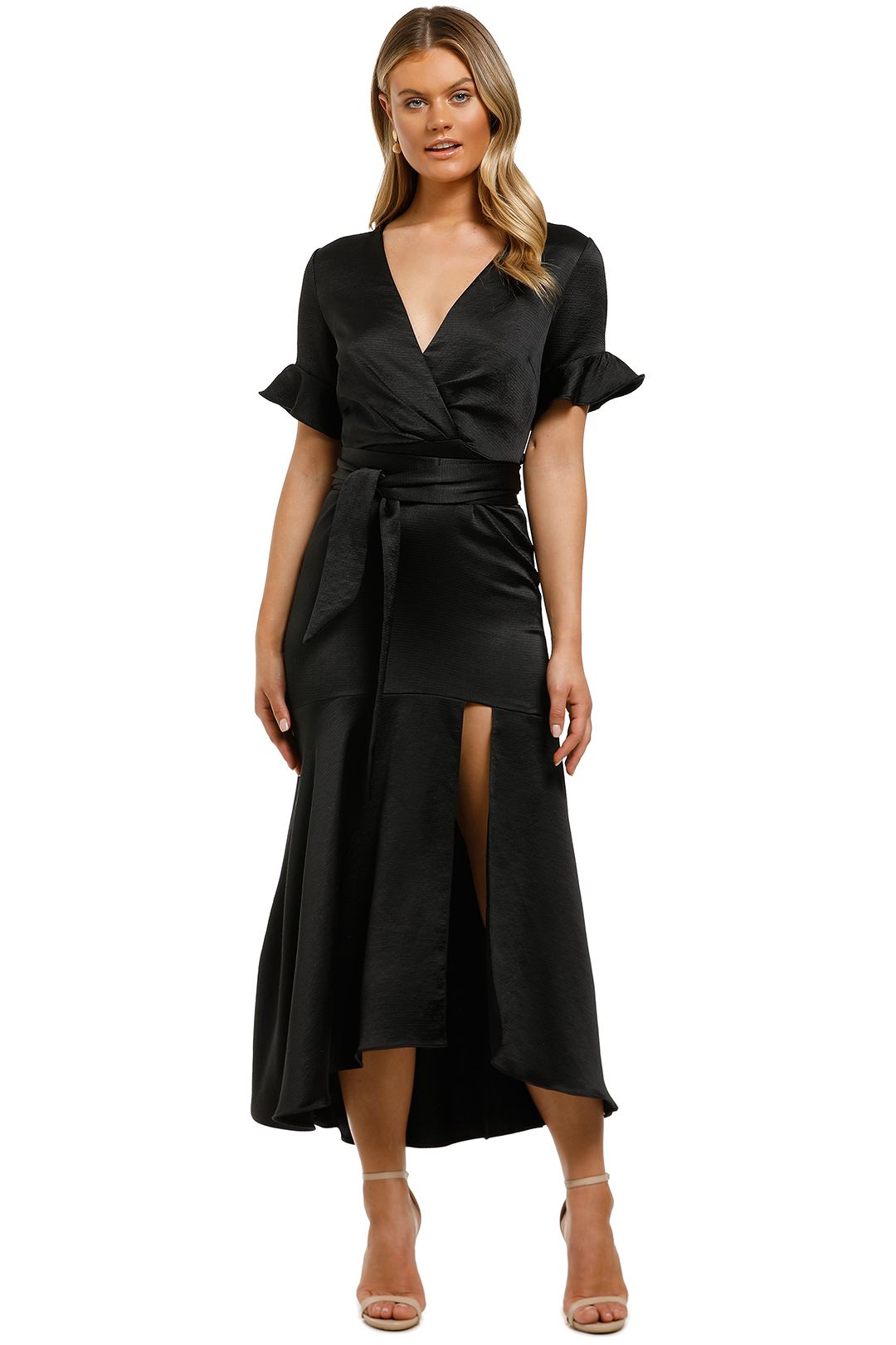 Oasis Split Midi Dress in Black by Pasduchas for Rent | GlamCorner