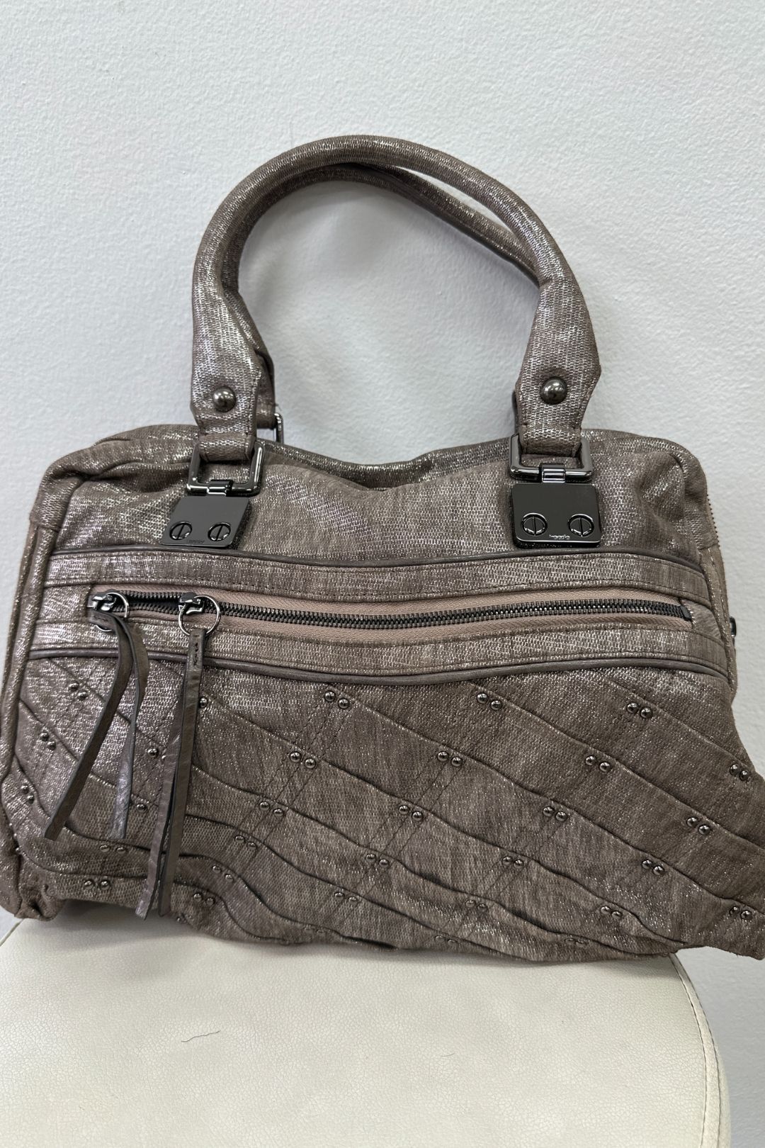 Buy Taupe Leather Studded Reveal Satchel | Treesje | GlamCorner